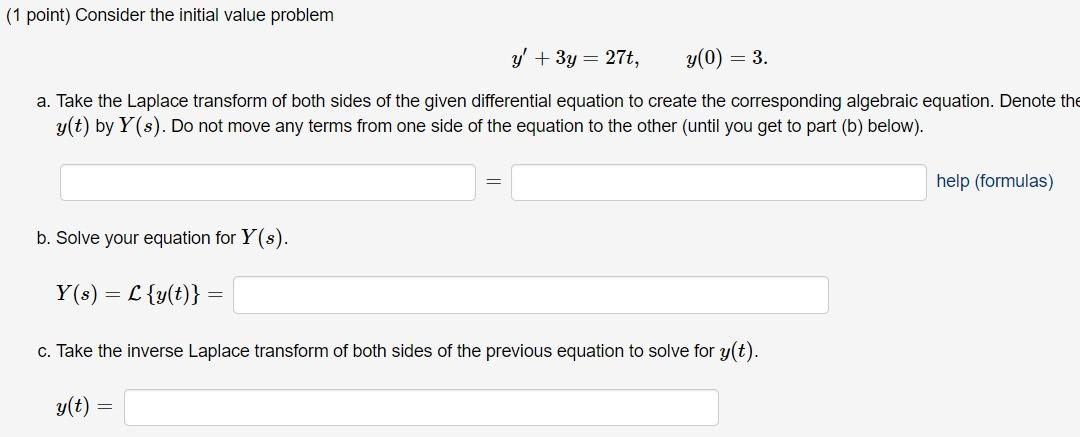 Solved (1 point) Consider the initial value problem y' + 3y | Chegg.com