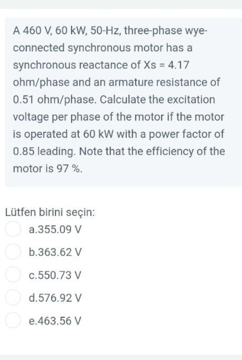 Solved A 460 V, 60 kW, 50 Hz, three-phase wye- connected | Chegg.com