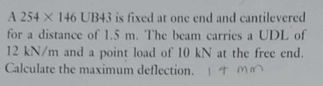 Solved A 254×1+6 UB43 is fixed at one end and cantilevered | Chegg.com