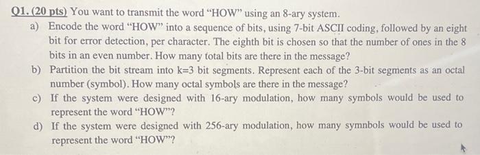 Solved Q1. (20pts) You want to transmit the word "HOW" using | Chegg.com