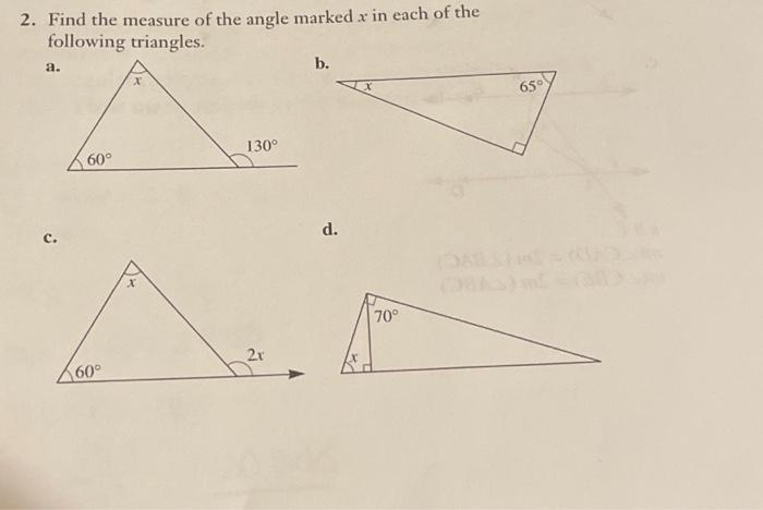 Solved 2. Find the measure of the angle marked x in each of | Chegg.com