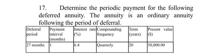 Solved 17. Determine the periodic payment for the following | Chegg.com