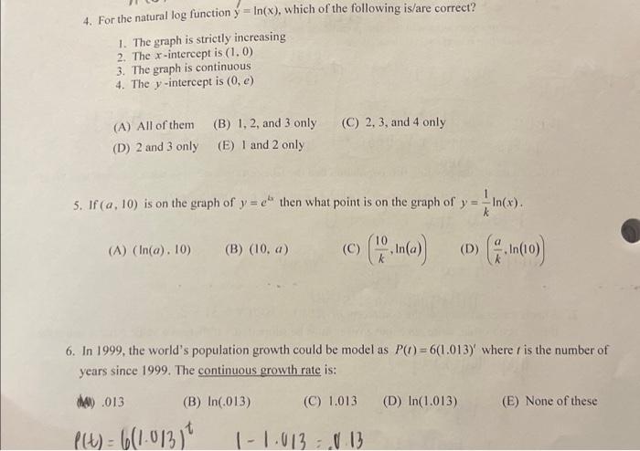 4. For the natural log function y=ln(x), which of the | Chegg.com