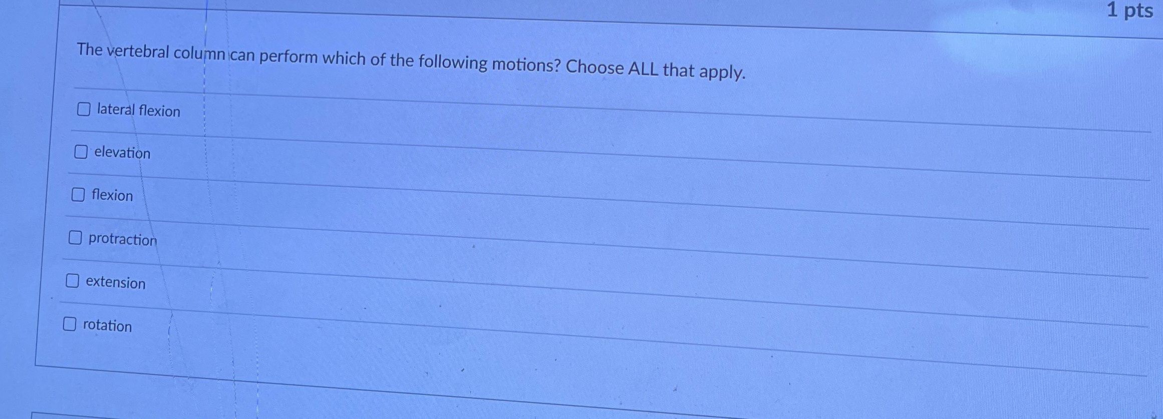 Solved 1 ﻿ptsThe vertebral column can perform which of the | Chegg.com