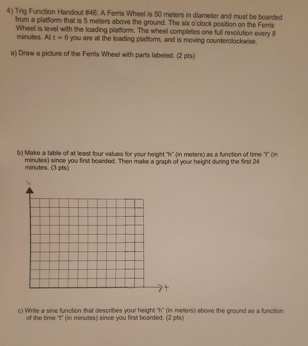 Solved 4) Trig Function Handout #46: A Ferris Wheel is 50 | Chegg.com
