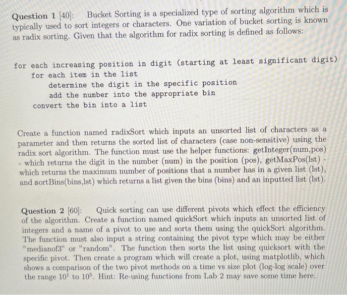 Solved Question 1[40] : Bucket Sorting is a specialized type | Chegg.com