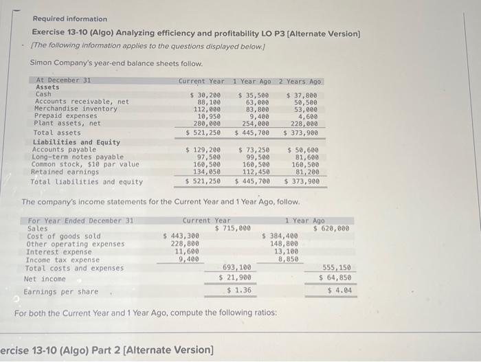 Solved Required information Exercise 13-10 (Algo) Analyzing | Chegg.com