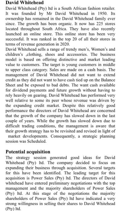 Solved David Whitehead David Whitehead (Pty) ltd is a South | Chegg.com