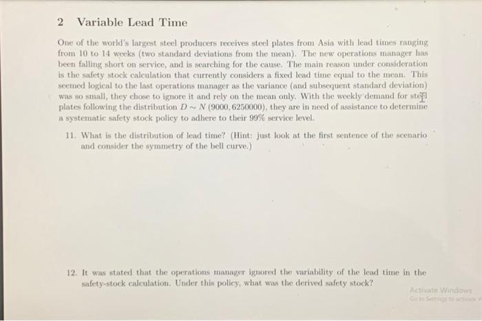 Solved 2 Variable Lead Time One of the world's largest steel | Chegg.com