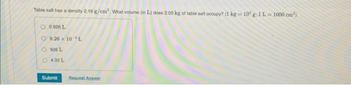 Solved Table salt has a density 2,16 g/cm3. What volume | Chegg.com