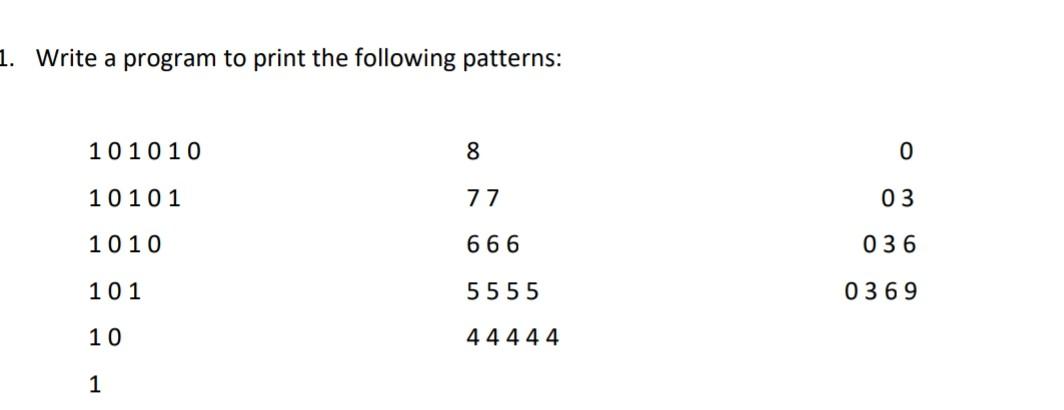 Solved 1. Write a program to print the following patterns: | Chegg.com