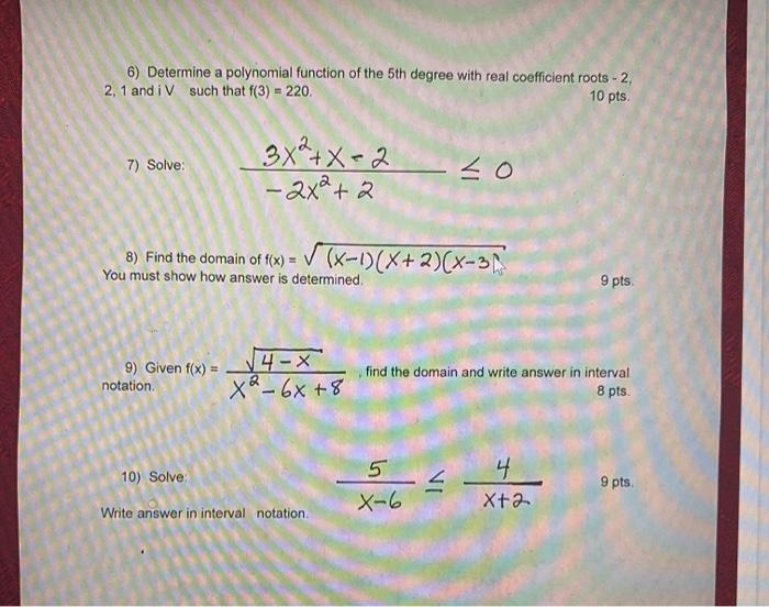 Solved 6) Determine a polynomial function of the 5th degree | Chegg.com