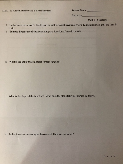 Solved Math 112 Written Homework: Linear Functions Student | Chegg.com