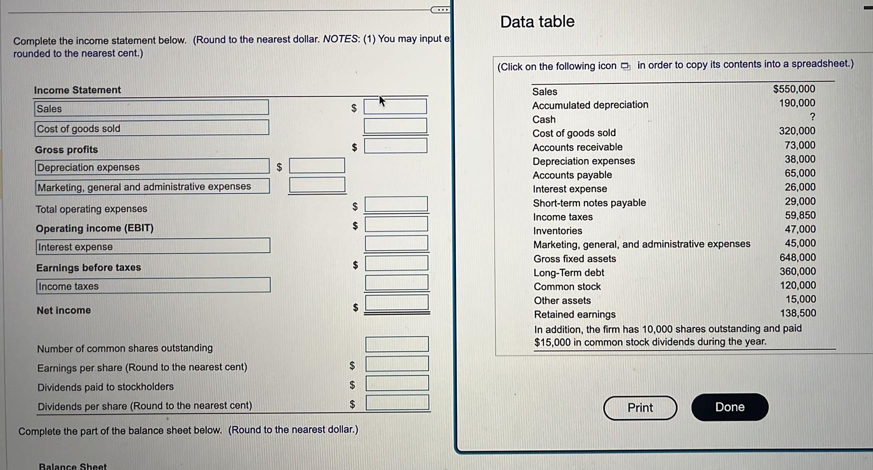 Solved Data table Complete the income statement below. | Chegg.com