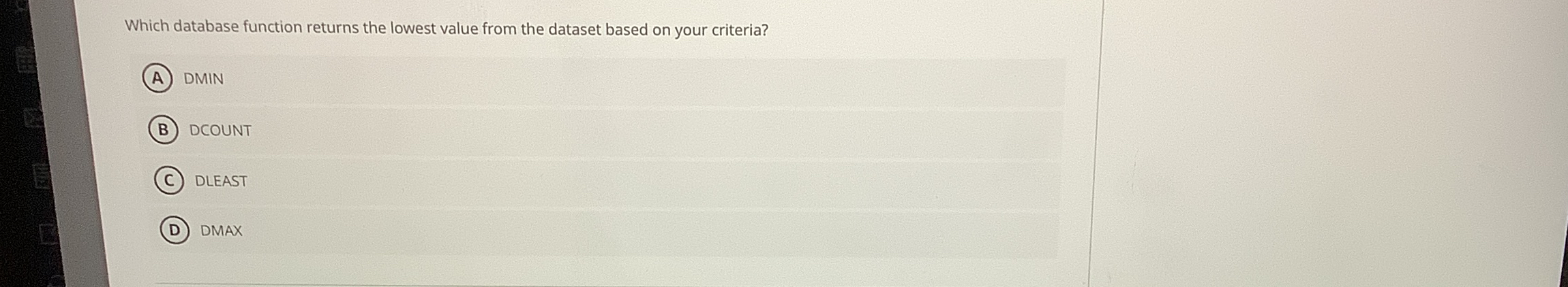 Solved Which database function returns the lowest value from | Chegg.com