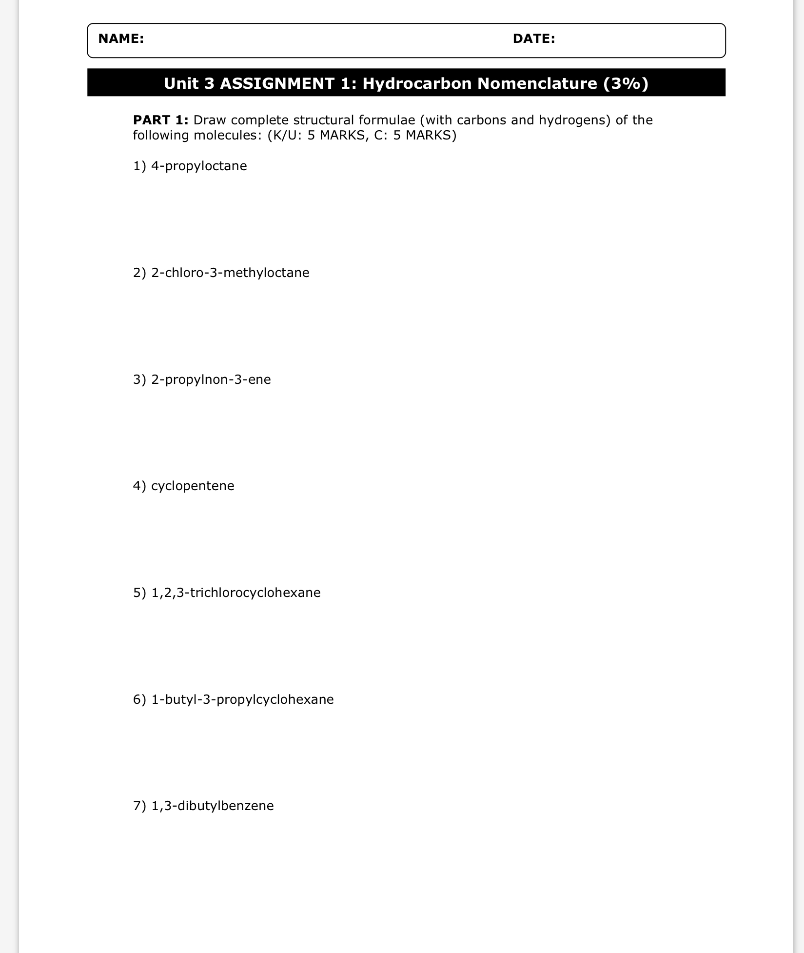 Solved Unit 3 ﻿ASSIGNMENT 1: Hydrocarbon Nomenclature | Chegg.com