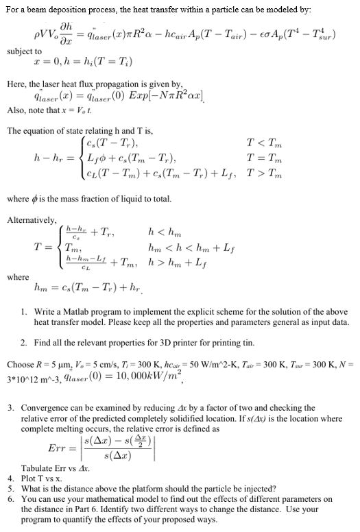 Solved For a beam deposition process, the heat transfer | Chegg.com