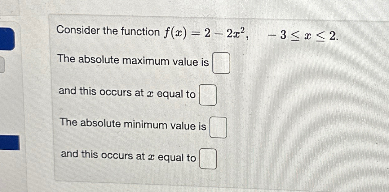 Solved Consider the function f(x)=2-2x2,-3≤x≤2.The absolute | Chegg.com