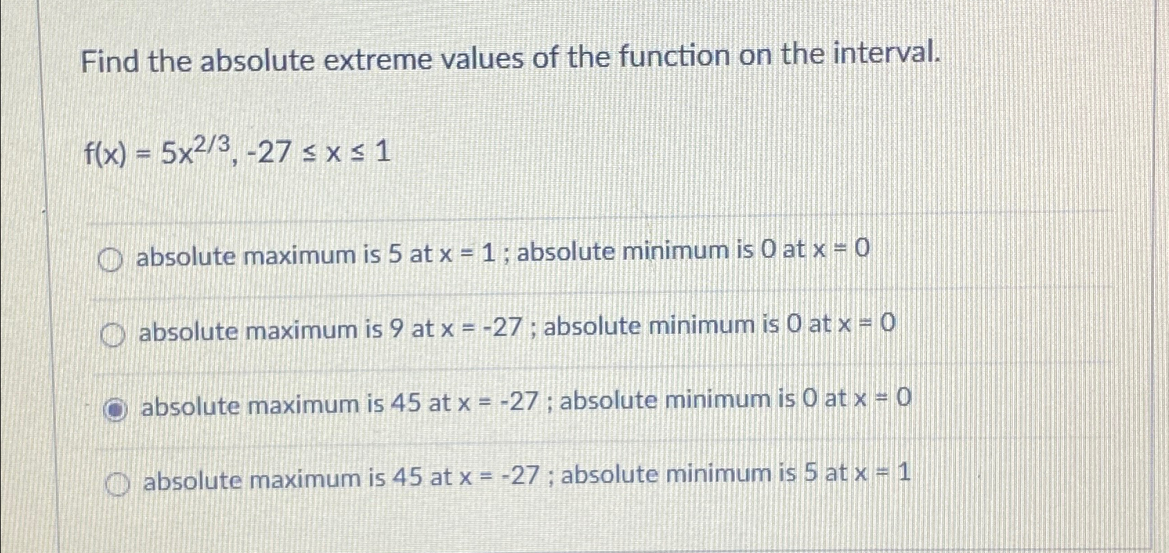 Solved Find the absolute extreme values of the function on | Chegg.com