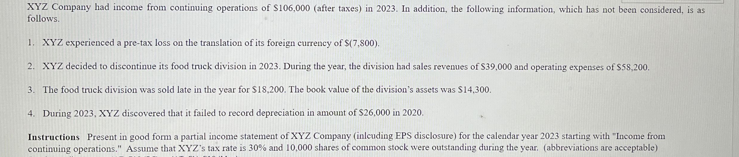 Solved XYZ Company had income from continuing operations of | Chegg.com
