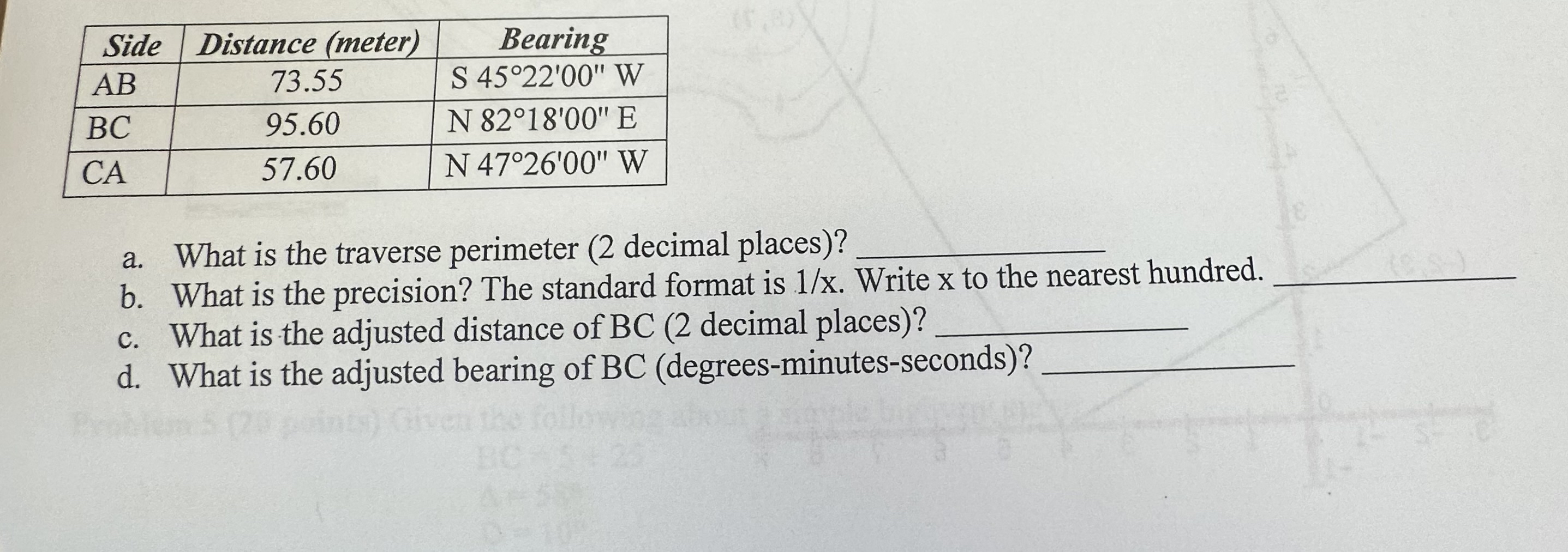 Solved Consider the unadjusted traverse below. Show work. | Chegg.com