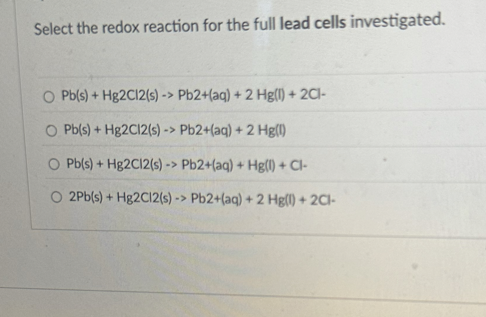 Solved Select the redox reaction for the full lead cells | Chegg.com