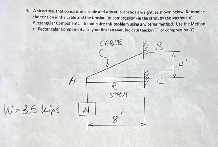 Solved 4. A structure, that consists of a cable and a strut, | Chegg.com