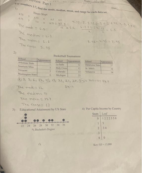 Solved 2H7, find the mode, median, mean, and range for each | Chegg.com
