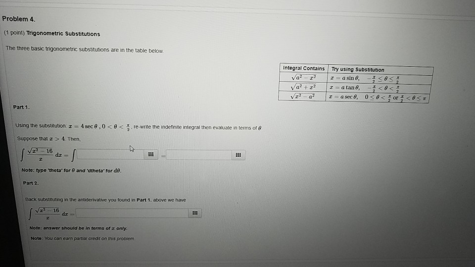 Solved Problem 4 1 Point Trigonometric Substitutions The Chegg