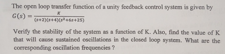 The open loop transfer function of a unity feedback | Chegg.com