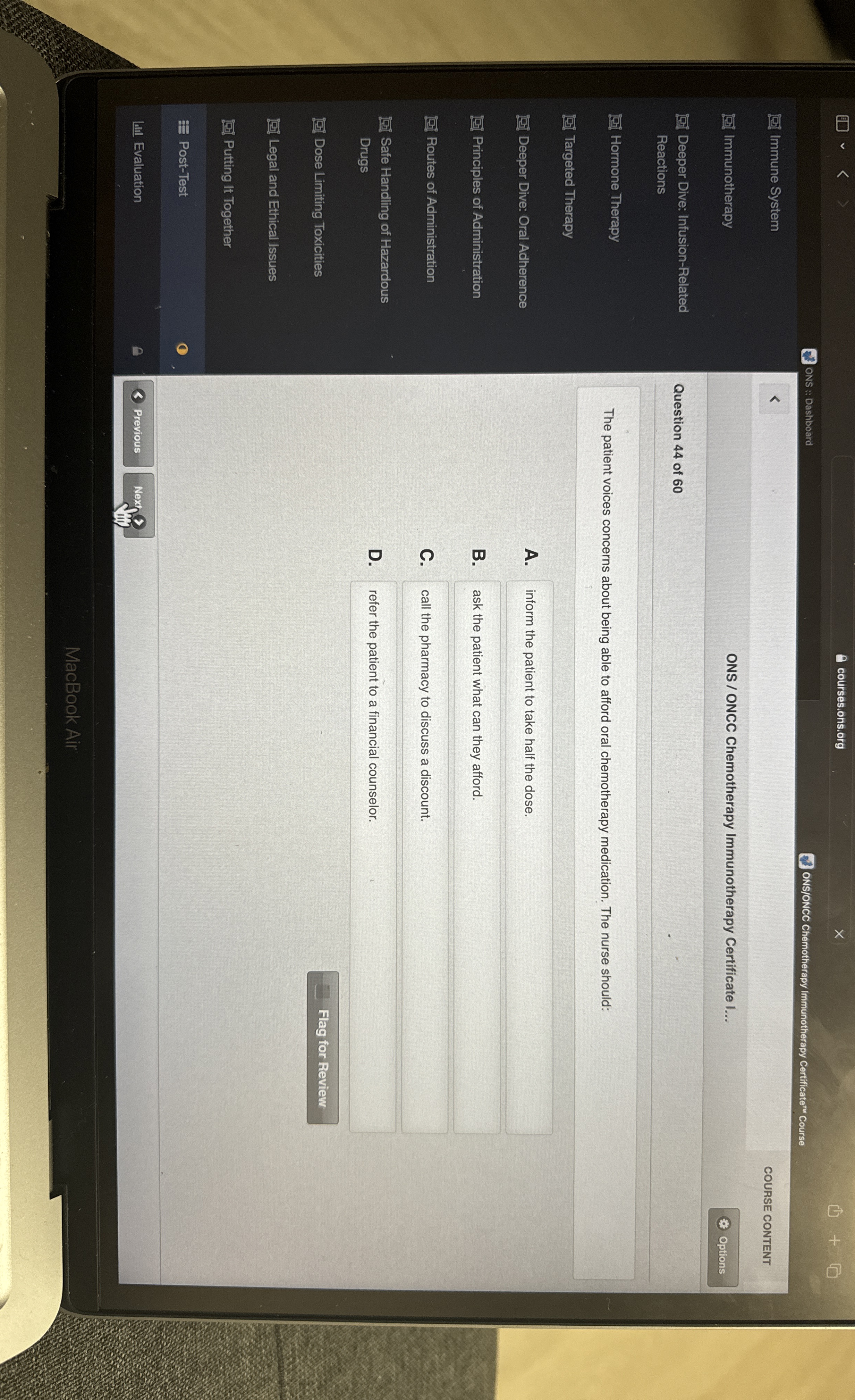 Solved courses.ons.orgONS :: DashboardONS/ONCC Chemotherapy | Chegg.com
