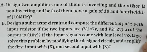 Solved A. ﻿Design two amplifiers one of them is inverting | Chegg.com