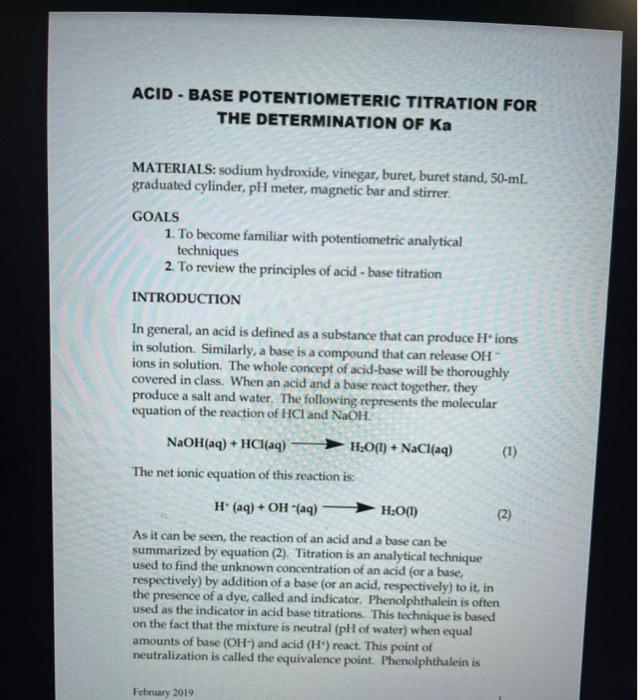 Solved ACID-BASE POTENTIOMETERIC TITRATION FOR THE | Chegg.com