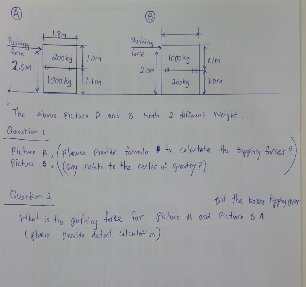 Solved 1.8M force 2.om 200kg 1.om k Pushing force loookg | Chegg.com
