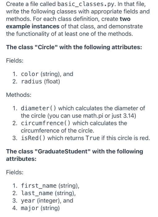 Solved Create A File Called Basicclassespy In That File 5570