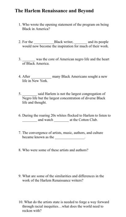 The Harlem Renaissance and Beyond 1. Who wrote the | Chegg.com