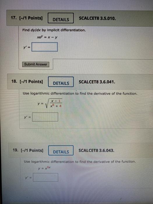 Solved 17. [-/1 Points) DETAILS SCALCET8 3.5.010. Find dy/dx | Chegg.com Solved 17. [-/1 Points) DETAILS SCALCET8 3.5.010. Find dy/dx | Chegg.com