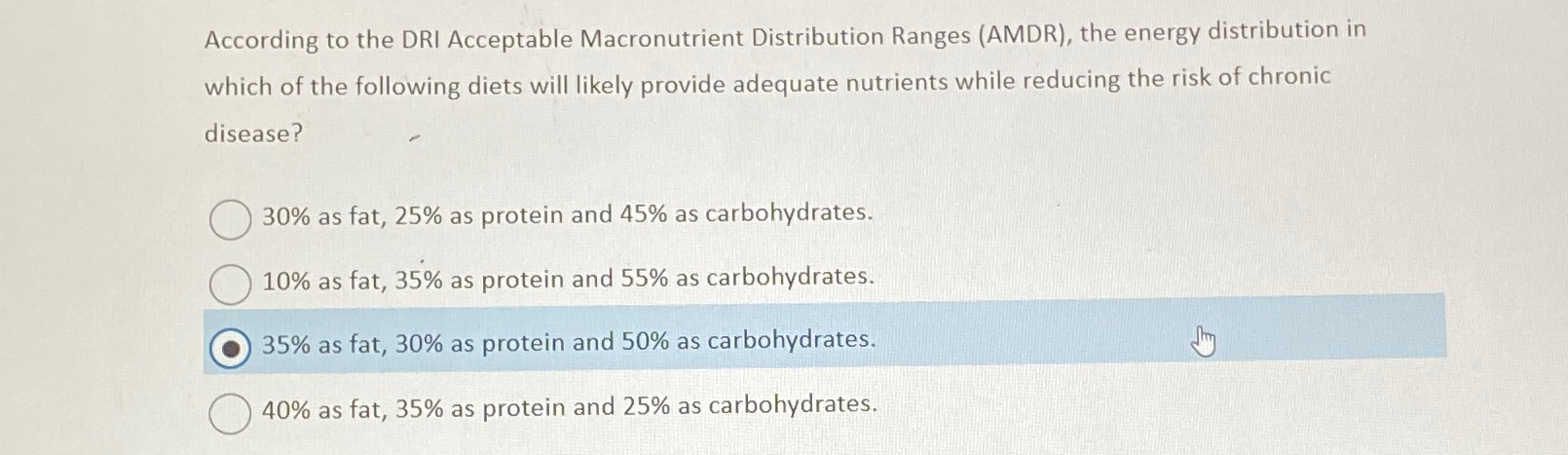 Solved According to the DRI Acceptable Macronutrient | Chegg.com