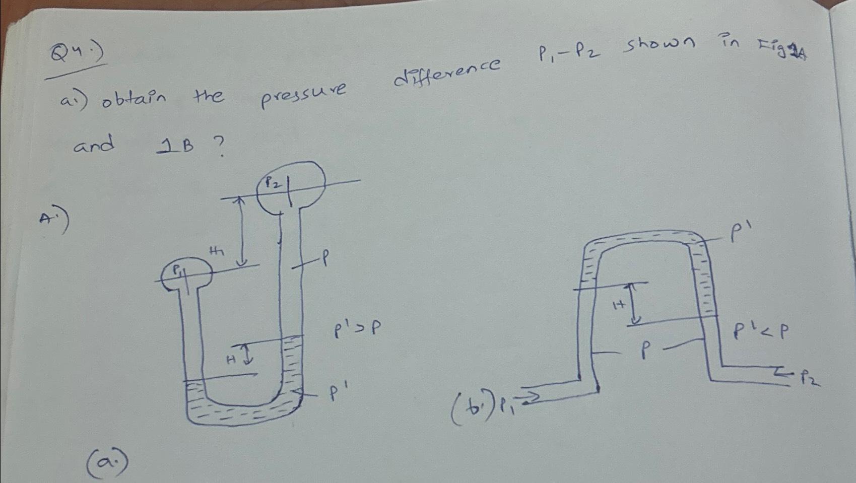 Solved Q4.)a) ﻿obtain the pressure difference P1-P2 ﻿shown | Chegg.com