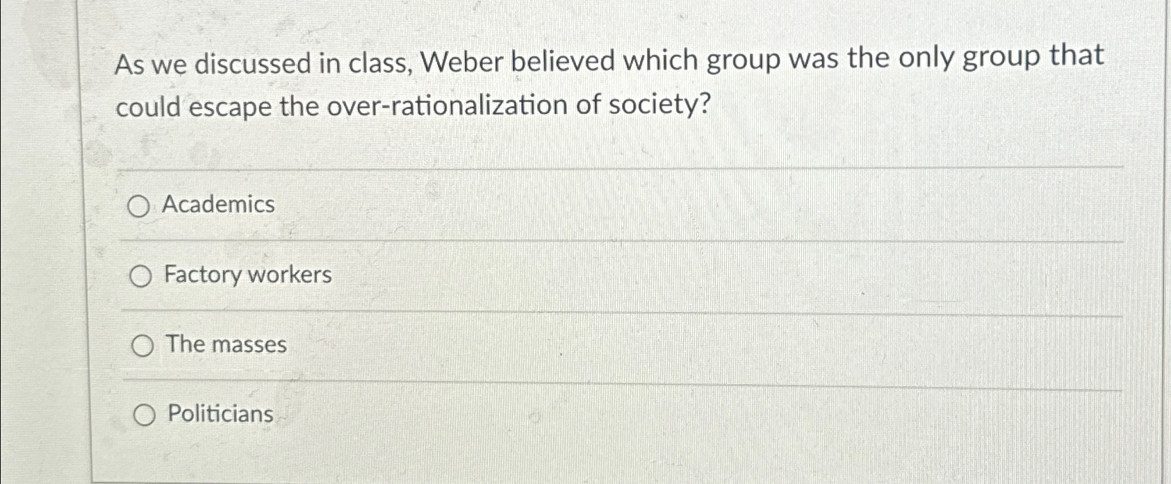 Solved As we discussed in class, Weber believed which group | Chegg.com