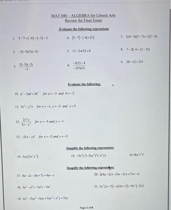 Solved MAT 040 - ALGEBRA for Liberal Arts Review for Final | Chegg.com