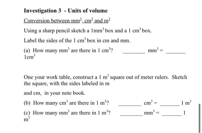 Solved Investigation 3 - Units of volume Conversion between | Chegg.com