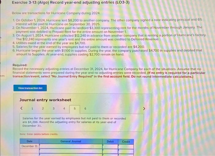 Solved Exerclse 3-13 (Algo) Record year-end adjusting | Chegg.com