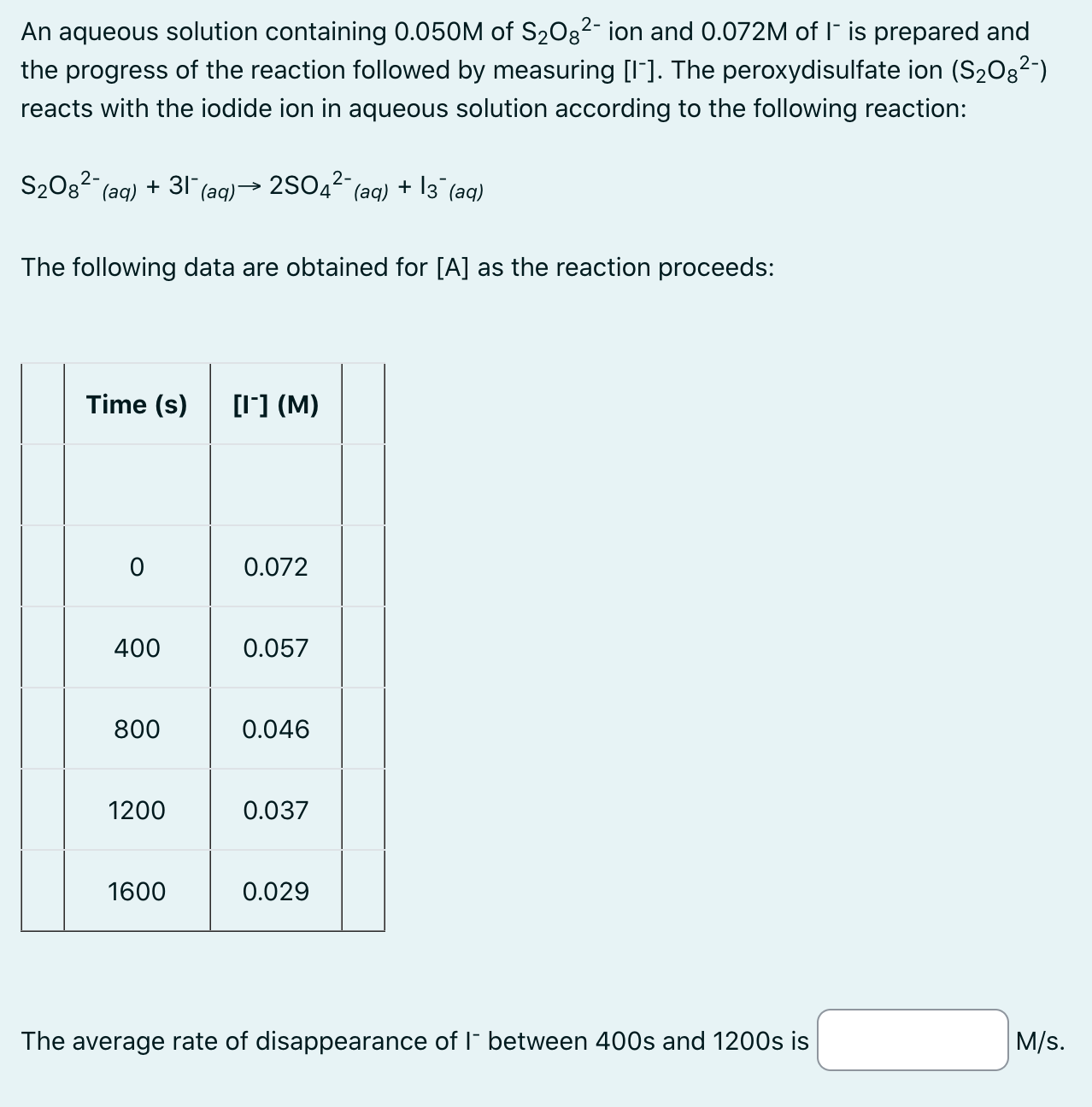 Solved An aqueous solution containing 0.050M ﻿of S2O82- ﻿ion | Chegg.com