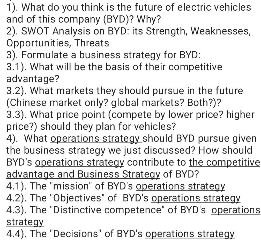 Solved operations strategy at BYD of china, electryfying the | Chegg.com