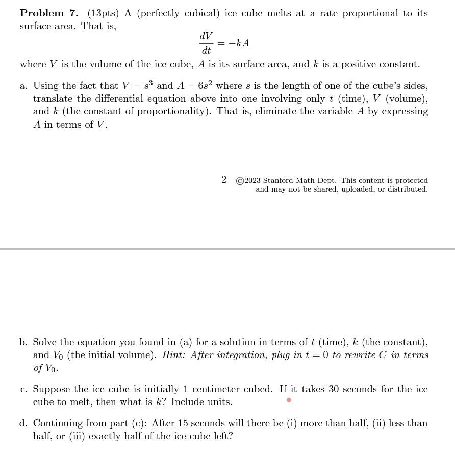 Solved Problem 7. (13pts) A (perfectly cubical) ice cube | Chegg.com