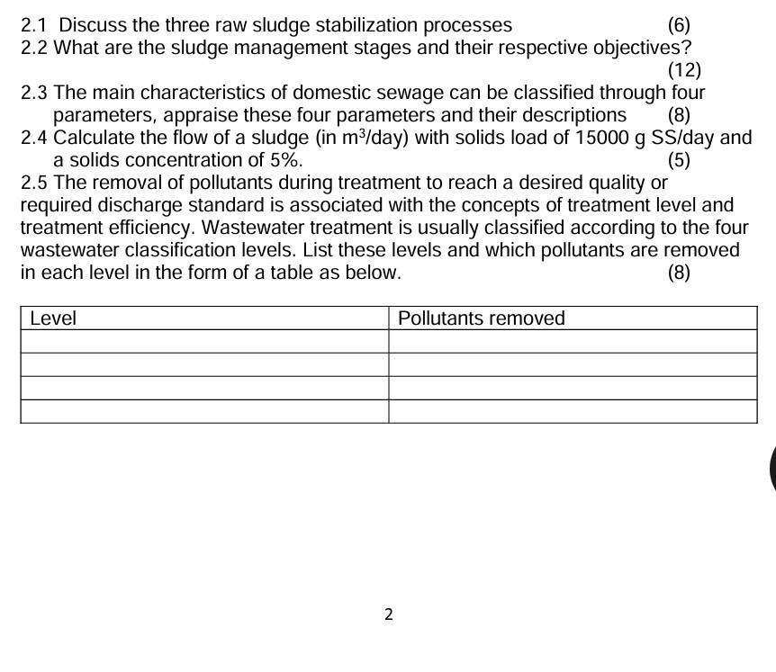 Solved 2.1 Discuss the three raw sludge stabilization | Chegg.com