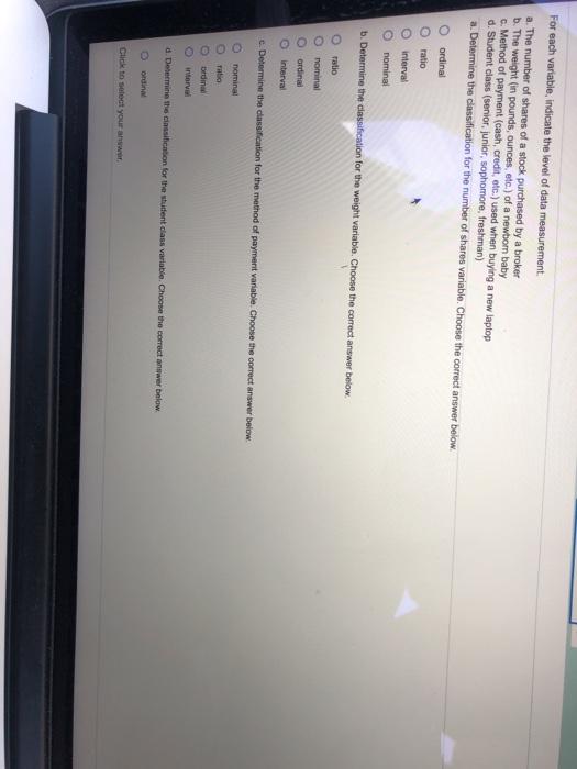 Solved For each variable, indicate the level of data | Chegg.com
