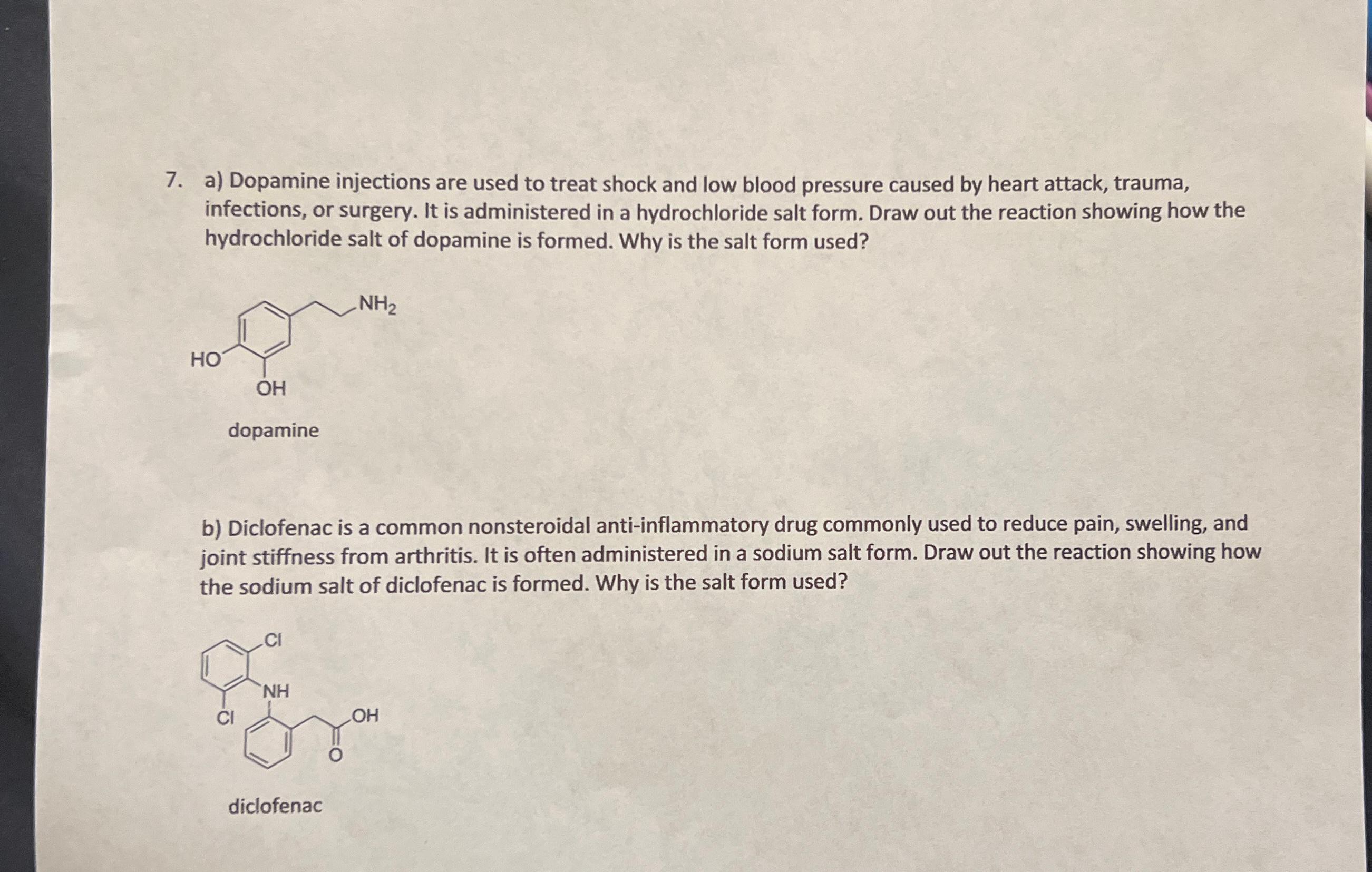 Solved a) ﻿Dopamine injections are used to treat shock and | Chegg.com