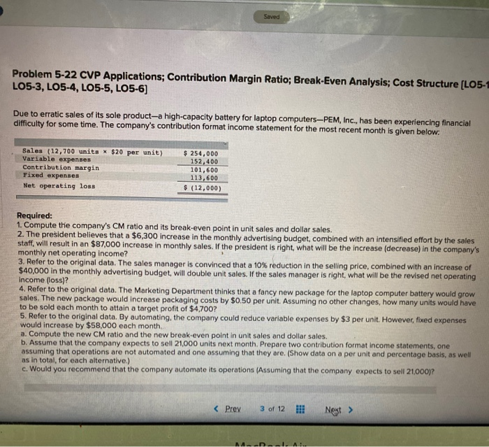 Solved Saved Problem 5-22 CVP Applications; Contribution | Chegg.com